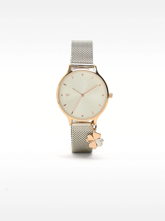 Two-tone mesh watch with charm