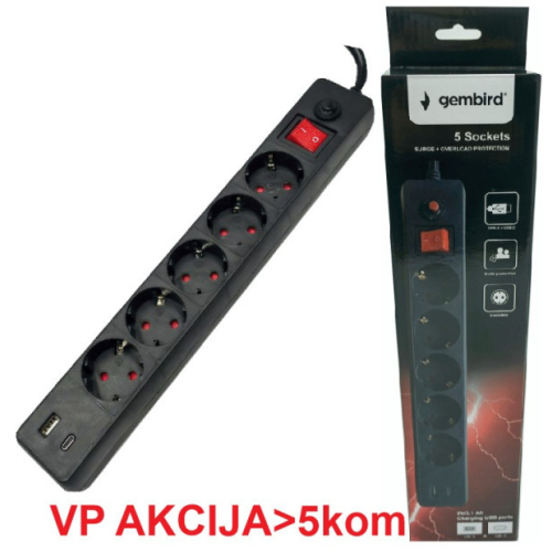 SPG5-B-6(3G1.5)**Gembird produzni kabl sa zastitom 5 uticnica, 5V/3.1A USB-A+C 16A/3500W 1.8m (743)