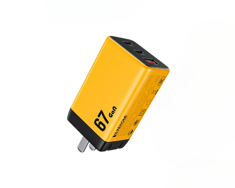 WEKOME WP-U157 Super brzi Strujni GaN punjač, 3-porta USB (3.0 i 2 x 3.1 Tip C) 67W, žuti