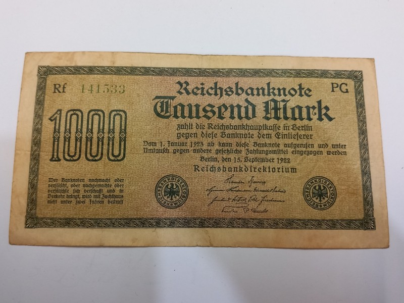 1000 mark 1922godina Nemačka