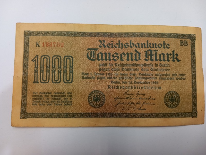 1000 mark 1922godina Nemačka