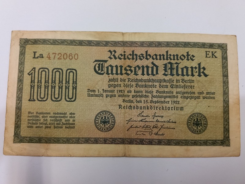 1000 mark 1922godina Nemačka