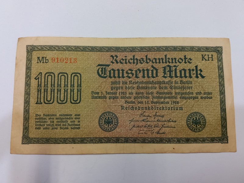 1000 mark 1922godina Nemačka