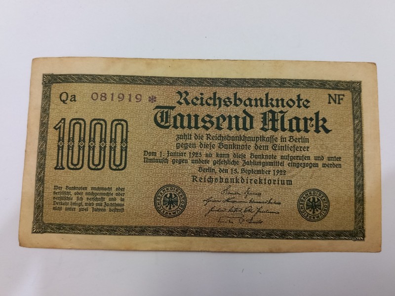 1000 mark 1922godina Nemačka