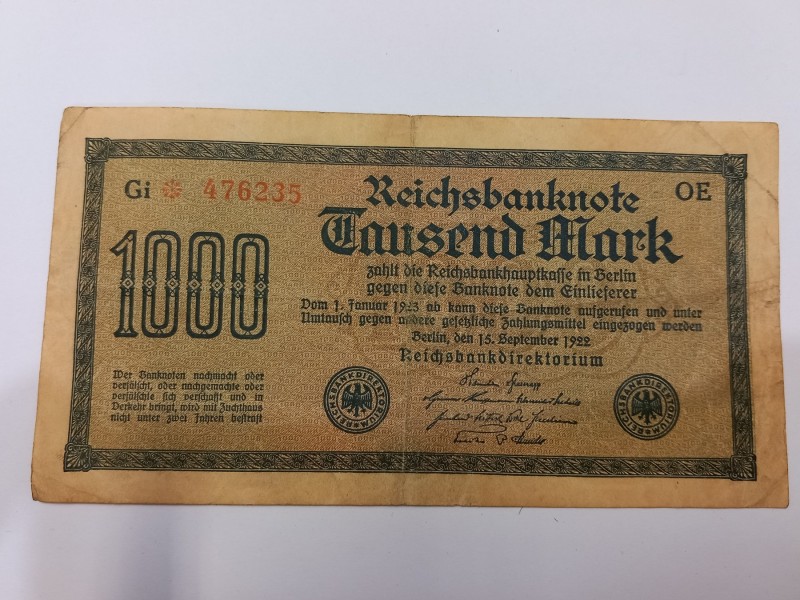 1000 mark 1922godina Nemačka