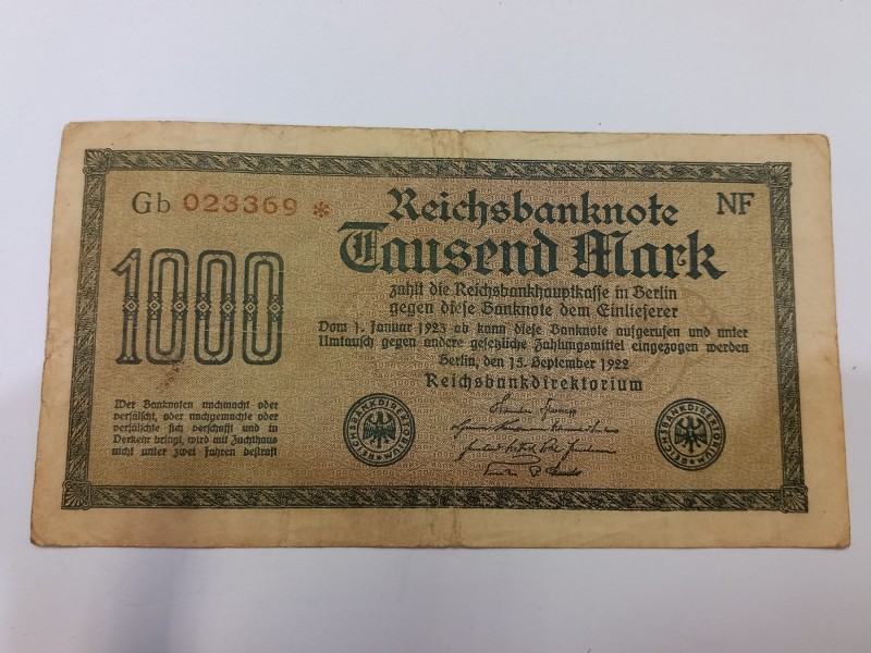 1000 mark 1922godina Nemačka