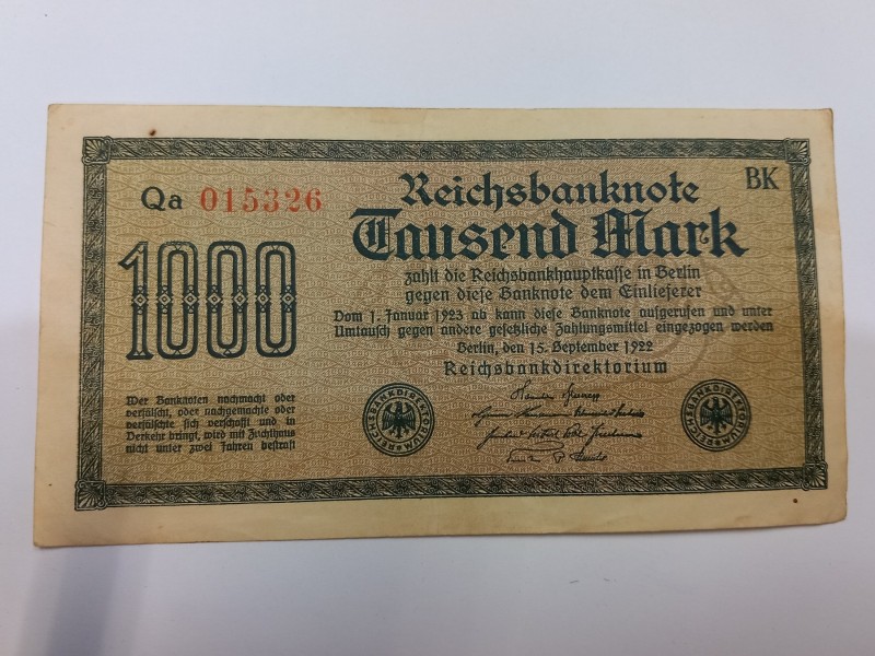 1000 mark 1922godina Nemačka