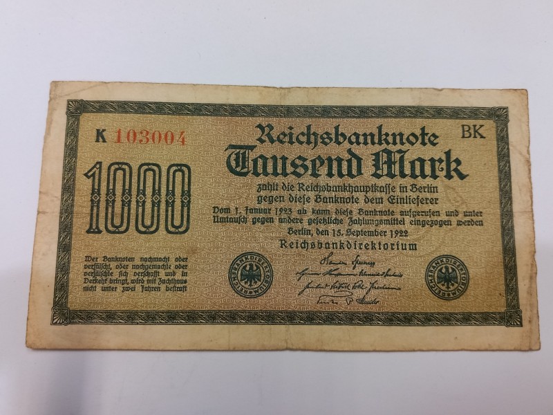 1000 mark 1922godina Nemačka