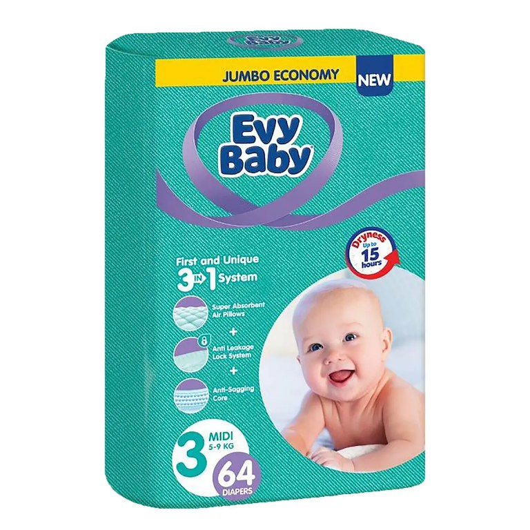 EVY BABY Pelene jumbo 3 Midi, 3 u 1, 5 - 9 kg, 64 kom