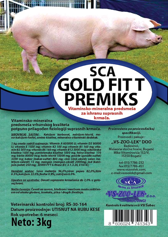 SCA GOLD FIT T 3KG PREMIX vitaminsko-mineralna predsmeša za suprasne krmače