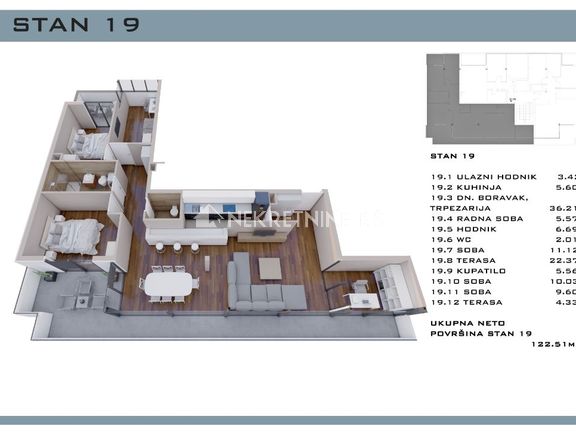 STAN BR.19, TROIPOSOBAN 119,52m2, UL. DR VELIZARA KOSANOVIĆA BR.12, KO ZVEZDARA, BEOGRAD