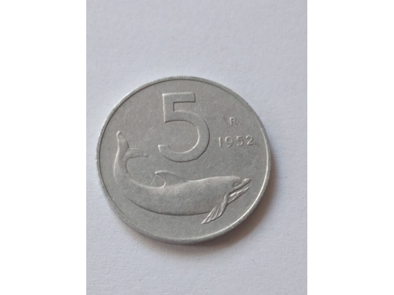 5 Lira - 1952.g - Italija - Životinja - Delfin