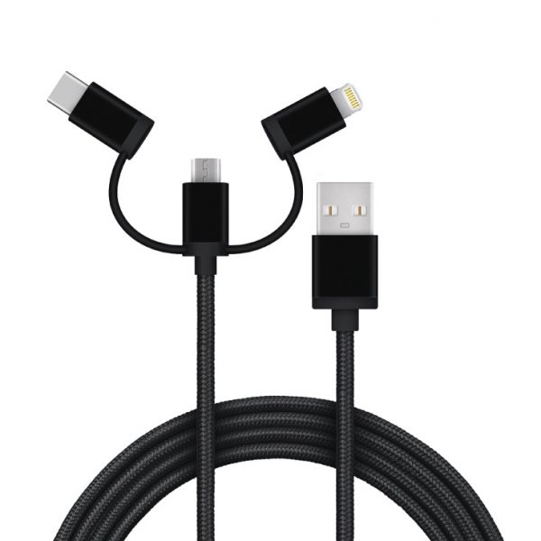 USB kabel, USB A- Micro B+ USB-C + Apple (3u1),1m