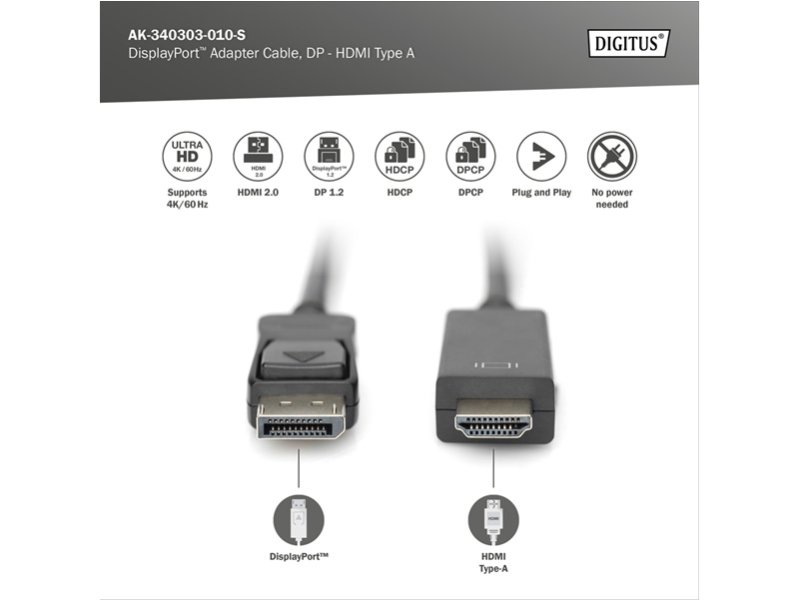 DIGITUS KABL DISPLAY PORT 1.2 NA HDMI2.0 4K 1M CRNI