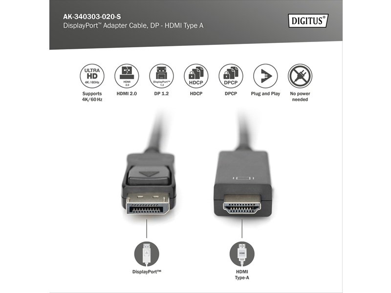 DIGITUS KABL DISPLAY PORT 1.2 NA HDMI2.0 4K 2M CRNI