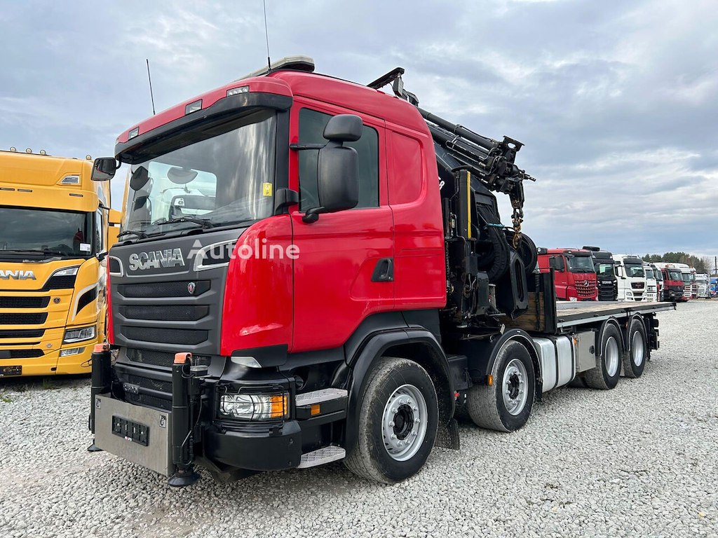 Scania R 520 Hiab 1058E-8 / KATSASTETTU + NOSTURI KYMPITETTY/ TULOSSA K kamion s ravnom platformom