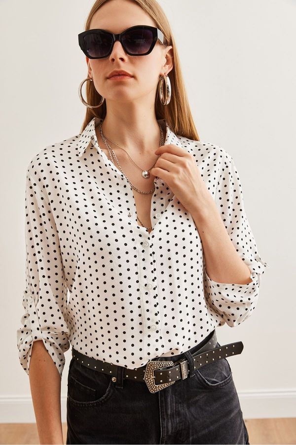 OLALOOK WOMEN'S WHITE FOLDED SLEEVE POLKA DOT SHIRT