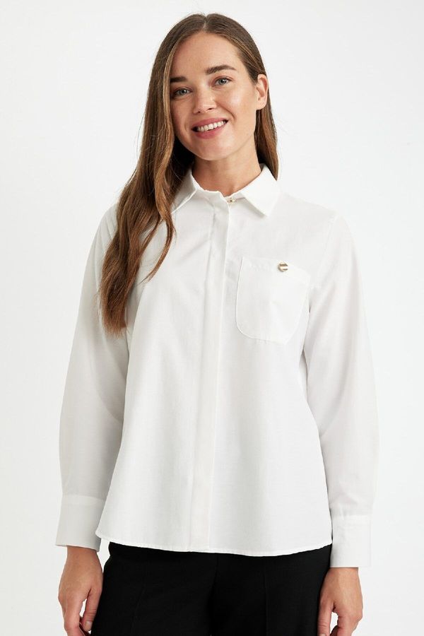 DEFACTO RELAX FIT BUTTONED POCKET BASIC PLAIN POPLIN LONG SLEEVE SHIRT