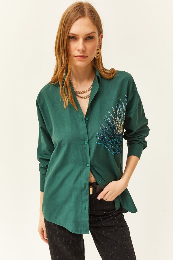 OLALOOK WOMEN'S EMERALD GREEN PALM SEQUIN DETAILED OVERSIZE WOVEN POPLIN SHIRT