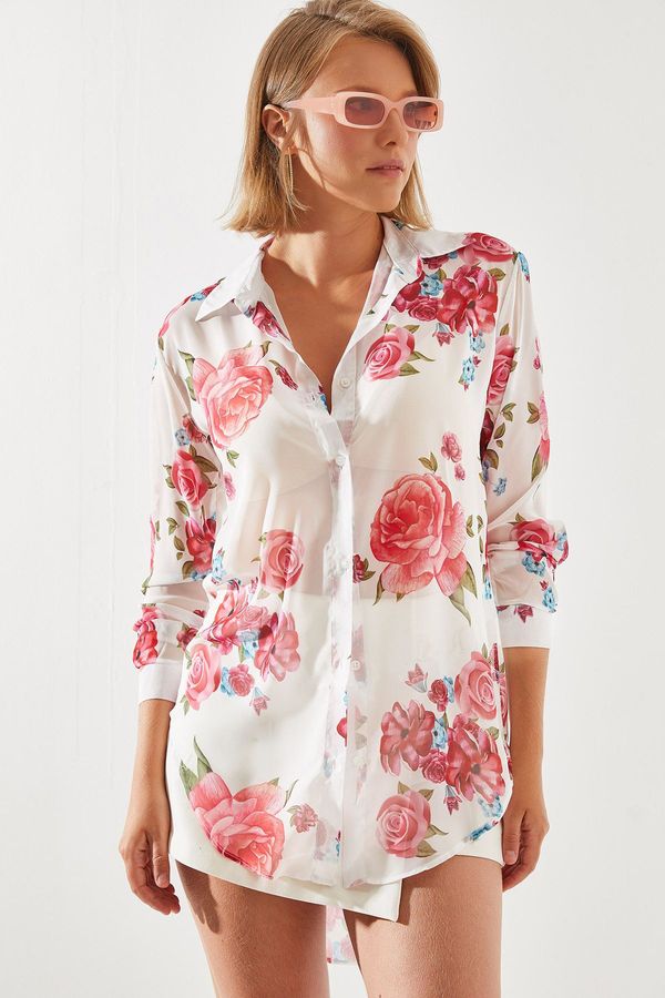 BIANCO LUCCI WOMEN'S FRONT SHORT BACK LONG ROSE PATTERNED TULLE SHIRT 20103