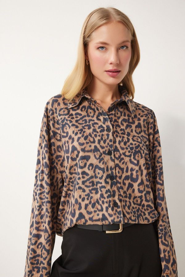 HAPPINESS İSTANBUL WOMEN'S BLACK BEIGE LEOPARD PATTERNED SUEDE SHIRT