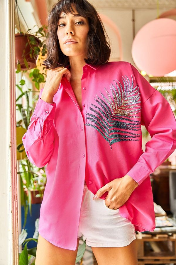 OLALOOK WOMEN'S FUCHSIA PALM SEQUIN DETAILED OVERSIZE WOVEN POPLIN SHIRT