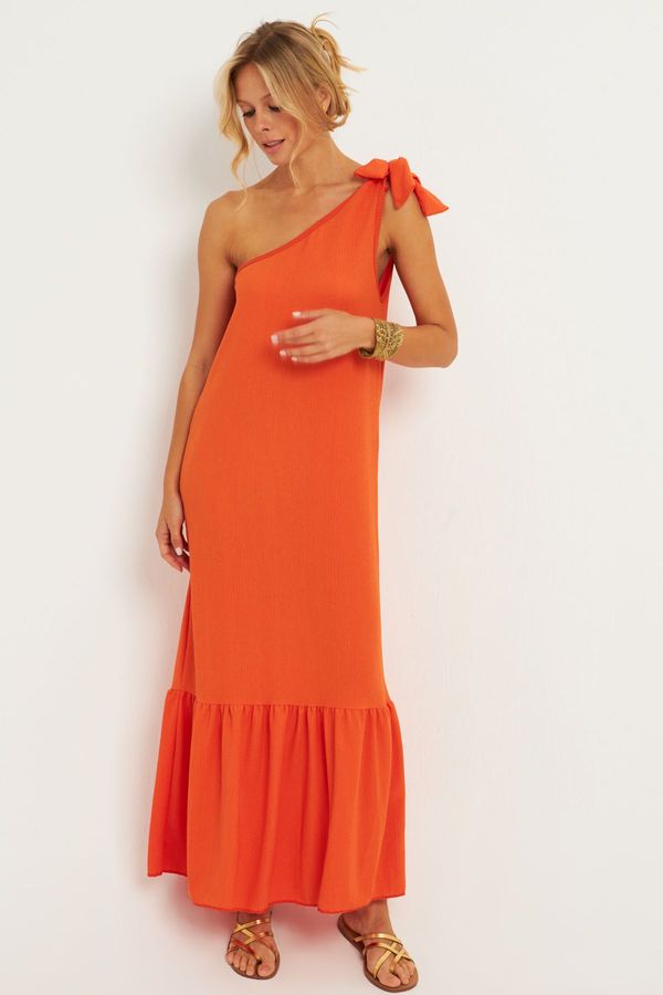 COOL & SEXY WOMEN'S ORANGE SHOULDER BOW WRAPPED MIDI DRESS