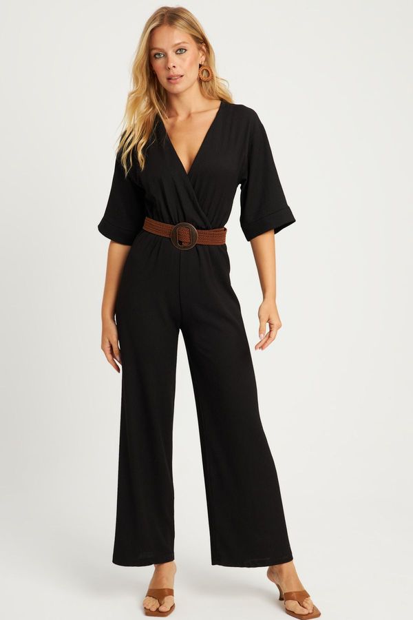 COOL & SEXY WOMEN'S BLACK DOUBLE BREASTED BELTED WRAP JUMPSUIT