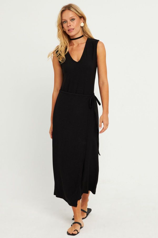 Cool & Sexy Women's Black Waist Tie Wrap Midi Dress