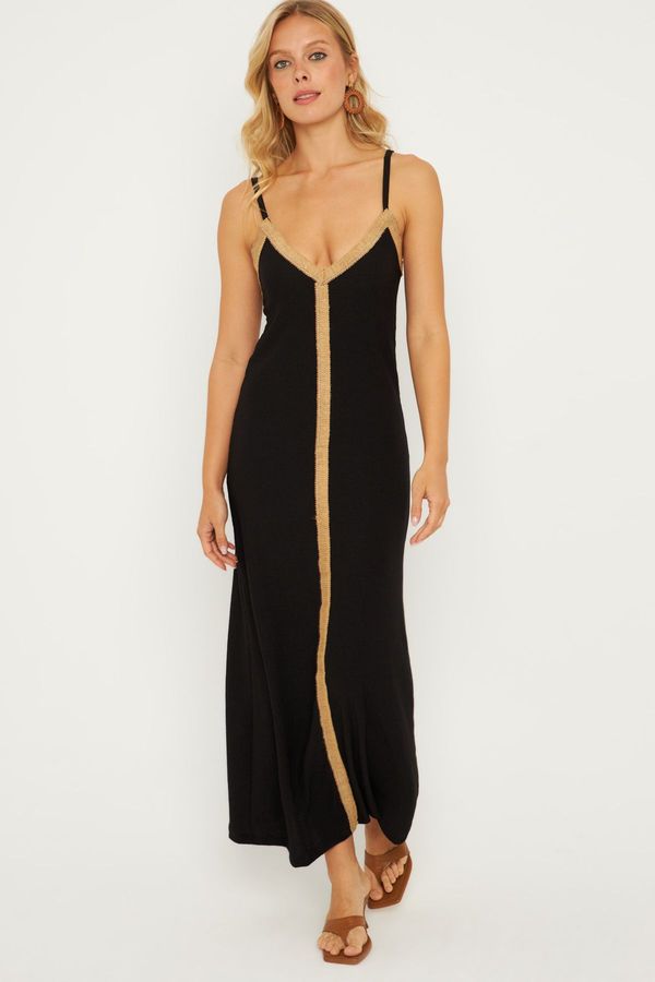 COOL & SEXY WOMEN'S BLACK STRAW DETAILED WRINKLED MIDI DRESS