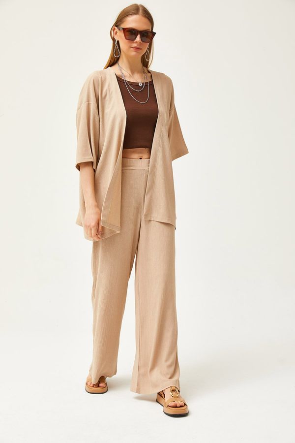 OLALOOK WOMEN'S BEIGE TOP KIMONO BOTTOM PANTS SET