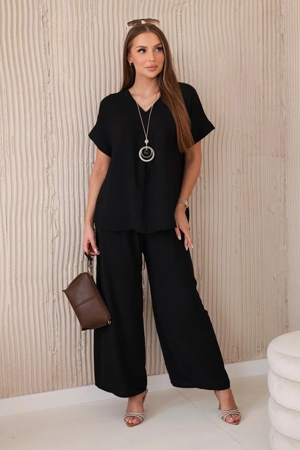 SET WITH NECKLACE, BLOUSE + TROUSERS, BLACK