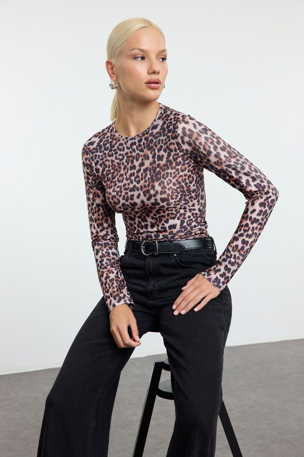 TRENDYOL MULTICOLORED LEOPARD ANIMAL PATTERNED FITTED/FITS BODY GATHERED/DRAPE DETAILED KNITTED BLOUSE