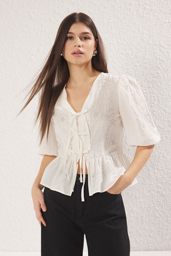 TRENDYOL ECRU V NECK EMBROIDERED FRONT TIE DETAIL SHIRT SHIRT