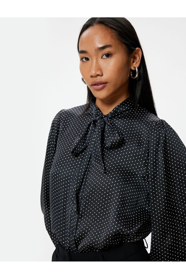 KOTON POLKA DOT SATIN SHIRT WITH BOW DETAIL SCARF COLLAR LONG SLEEVE