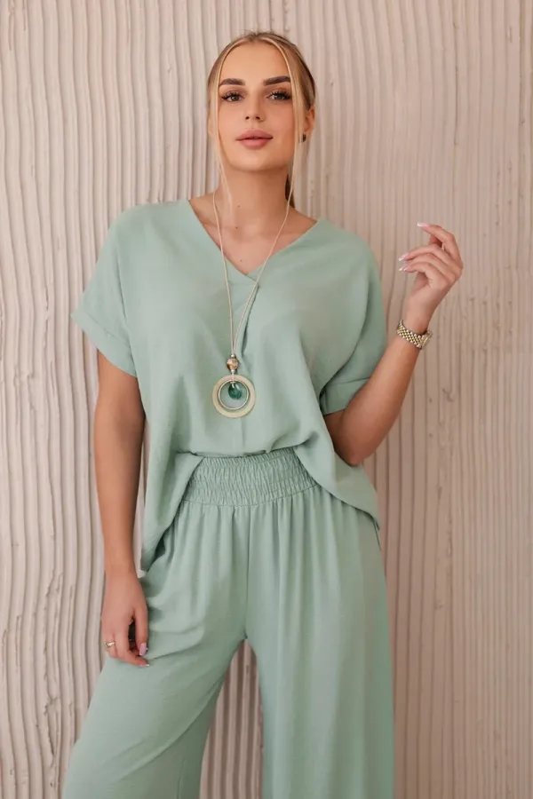 WŁOSKI SET WITH NECKLACE BLOUSE + PANTS DARK GREEN