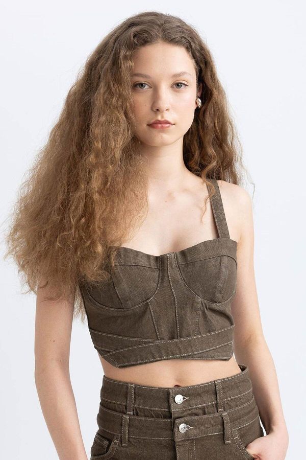 DEFACTO THICK STRAP CROP CORSET JEAN BLOUSE