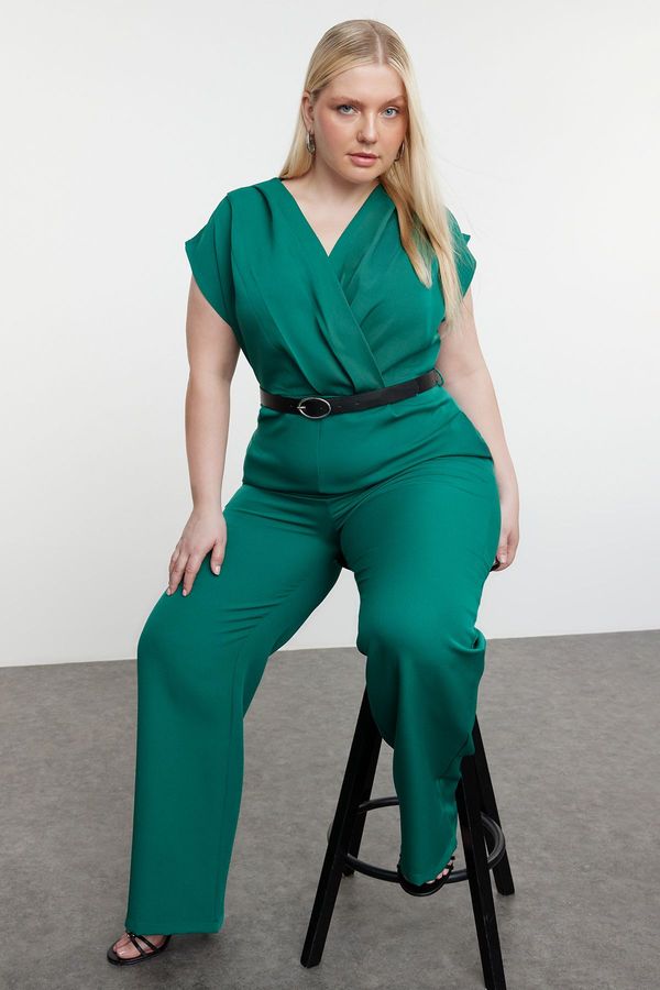 TRENDYOL CURVE EMERALD GREEN BELTED DOUBLE BREASTED COLLAR PLUS SIZE WOVEN JUMPSUIT