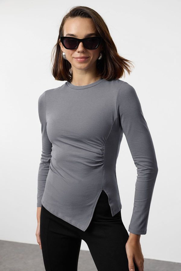 TRENDYOL ANTHRACITE SINGLE SLIT DETAILED GATHERED CREW NECK KNITTED BLOUSE