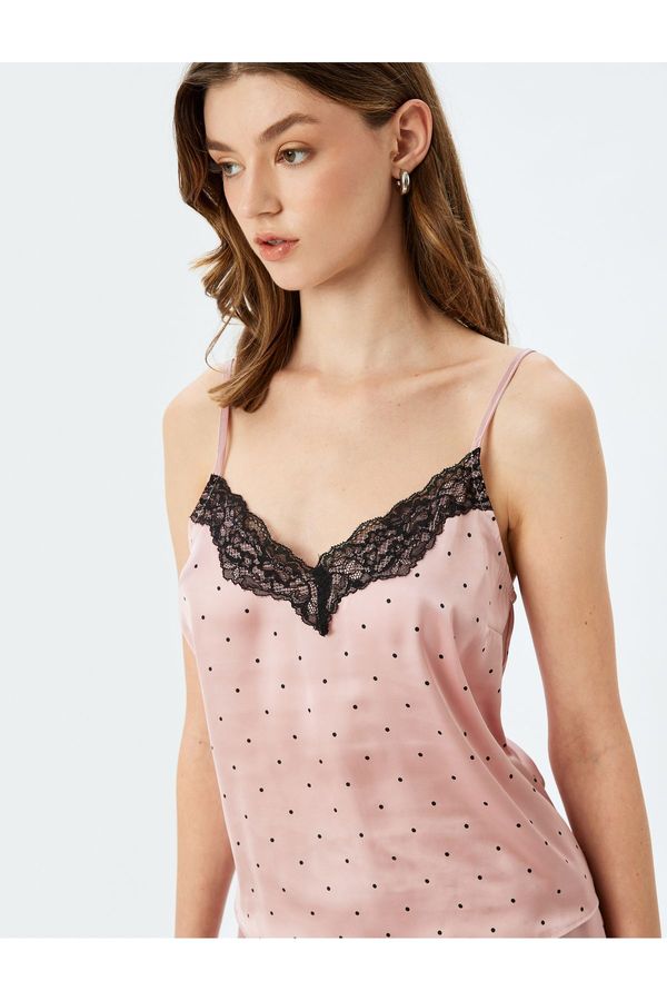 KOTON LACE DETAILED STRAPLESS V NECK POLKA DOT SATIN PAJAMA TOP