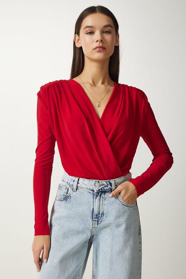 HAPPINESS İSTANBUL WOMEN'S RED WRAP COLLAR SNAP-UP KNITTED BLOUSE