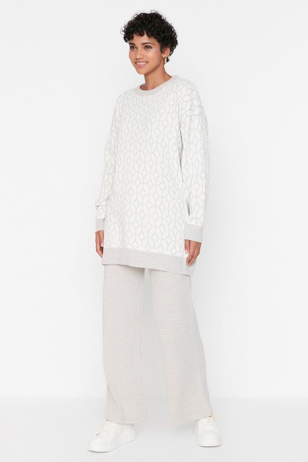 TRENDYOL BEIGE GEOMETRIC PATTERN SWEATER-PANTS KNITWEAR SET
