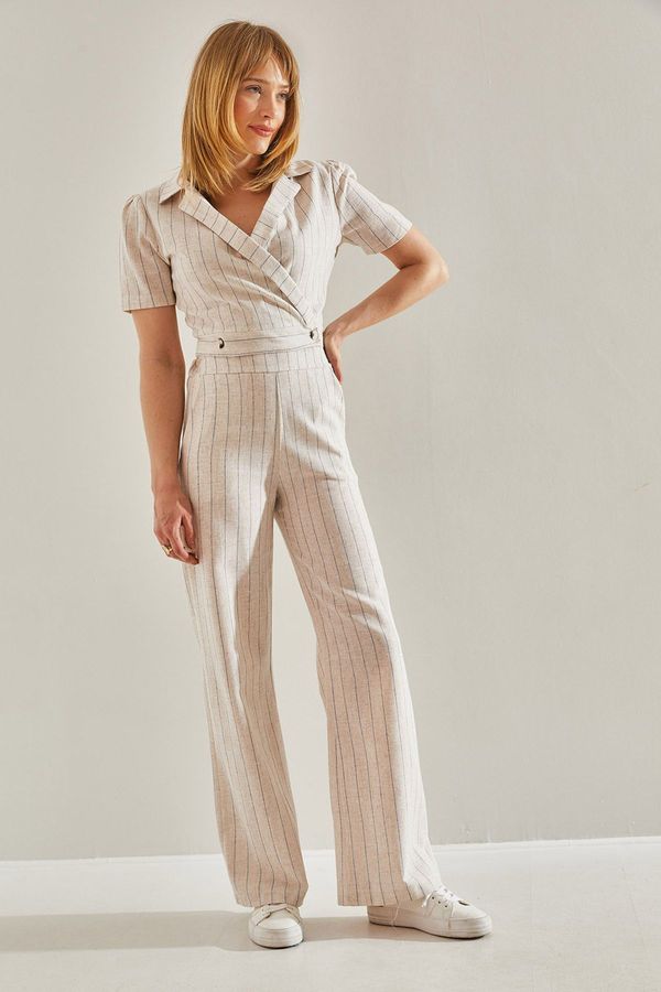 BIANCO LUCCI WOMEN'S DOUBLE BREASTED COLLAR BUTTON DETAILED BOTTOM-TOP SUIT WITH ELASTIC BACK PALAZZO TROUSERS