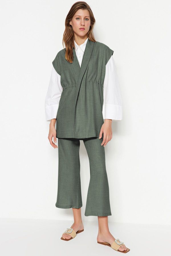 TRENDYOL KHAKI INTERNALLY TIED LINEN LOOK KIMONO-PANTS WOVEN SET