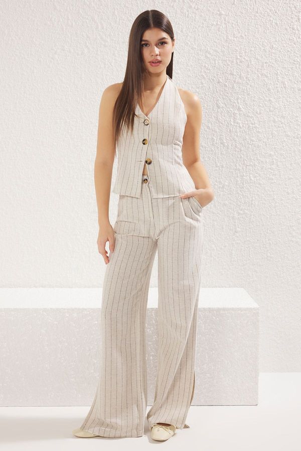 TRENDYOL BEIGE LINEN BLEND STRIPED BACK OPEN VEST & WIDE LEG TROUSERS WOVEN BOTTOM-TOP SET