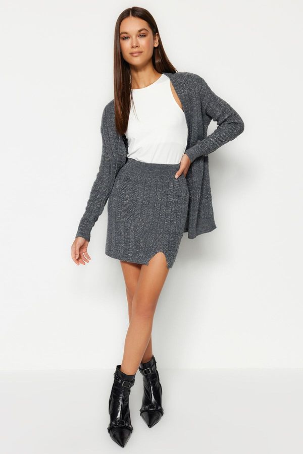 TRENDYOL ANTHRACITE SILVERY SKIRT- CARDIGAN KNITWEAR TWO PIECE SET
