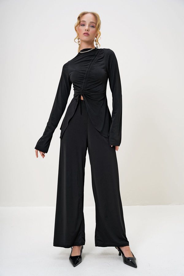 TREND ALAÇATI STILI WOMEN'S BLACK STAND COLLAR GATHERED DETAIL ASYMMETRIC CUT SANDY TROUSER BLOUSE TWO PIECE SET