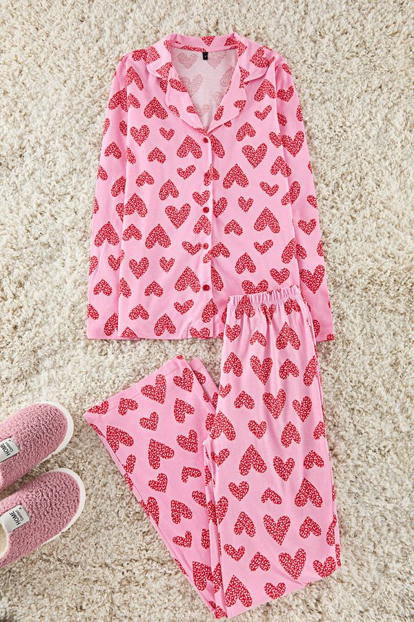 TRENDYOL PINK 100% COTTON LEOPARD HEART KNITTED PAJAMA SET