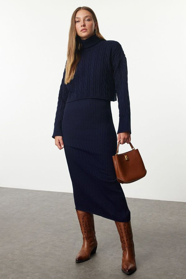 TRENDYOL NAVY BLUE MIDI KNITTED SWEATER-DRESS SET