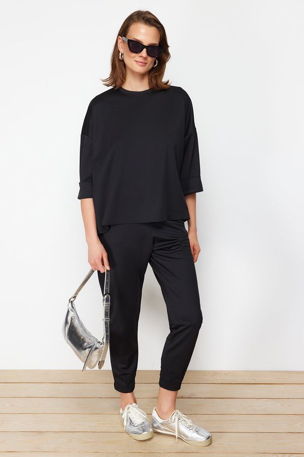 TRENDYOL BLACK OVERSIZE/WIDE PATTERN KNITTED SWEATSHIRT/PANTS TOP-BOTTOM SET